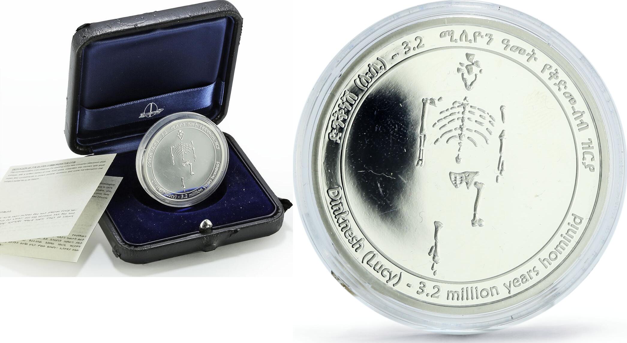 Ethiopia 20 birr Millennium Dinknesh Lucy Skeleton Discover silver coin ...