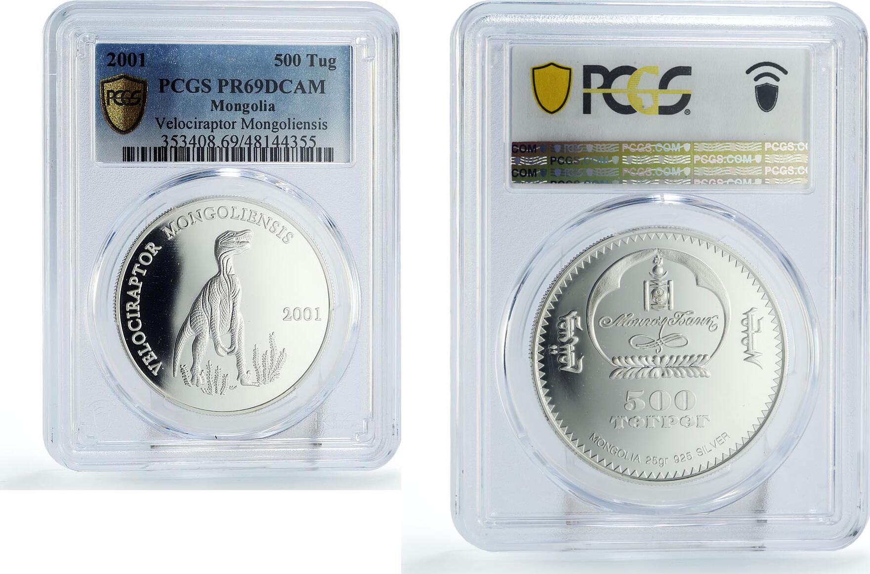 Mongolia 500 togrog Velociraptor Dinosaurs Fauna PR69 PCGS silver coin ...