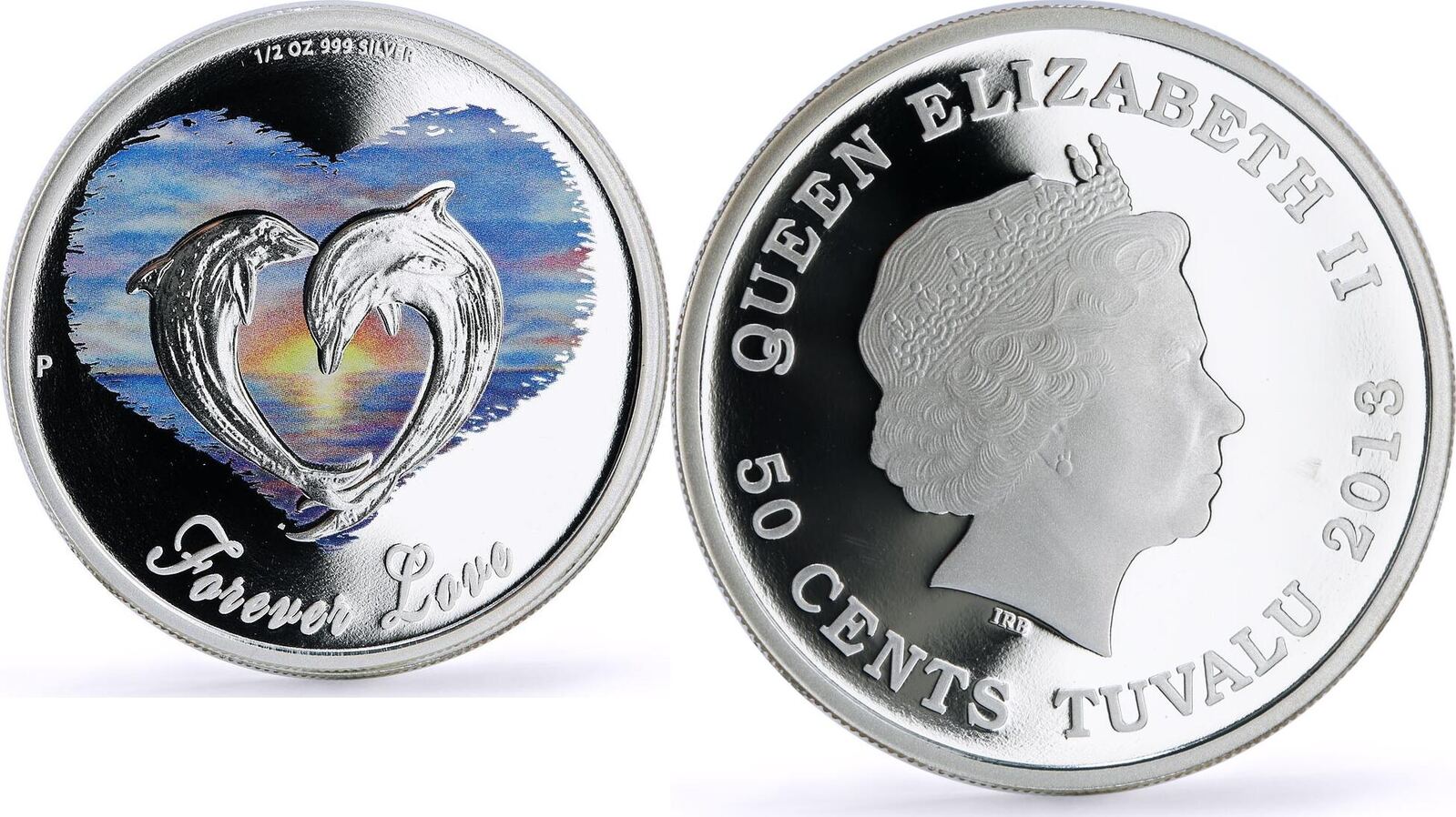 Tuvalu 50 cents Forever Love Clouds Heart Two Dolphins colored silver ...