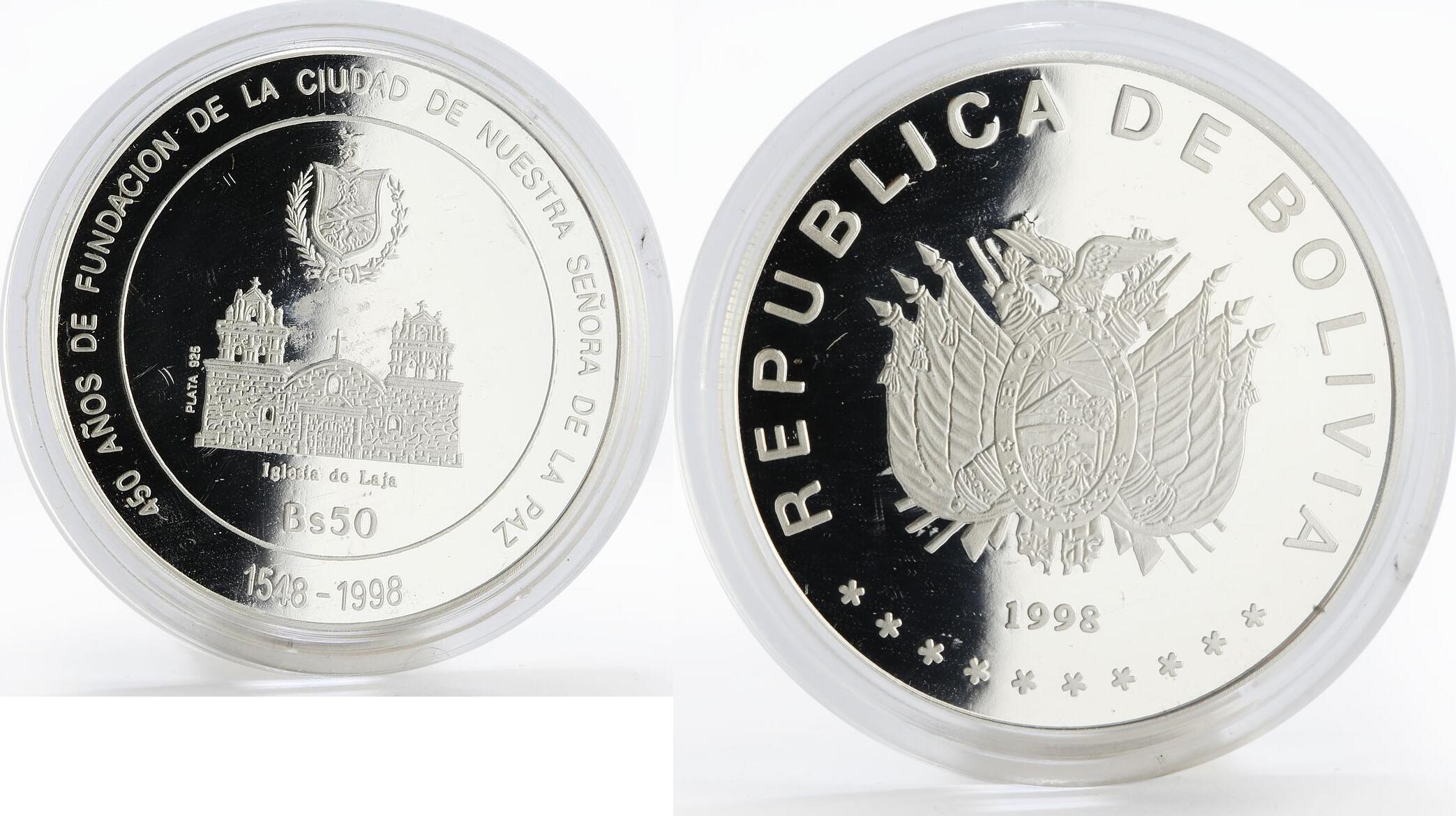 Bolivia 50 boliviano 450th Anniversary of La Paz Church proof silver ...
