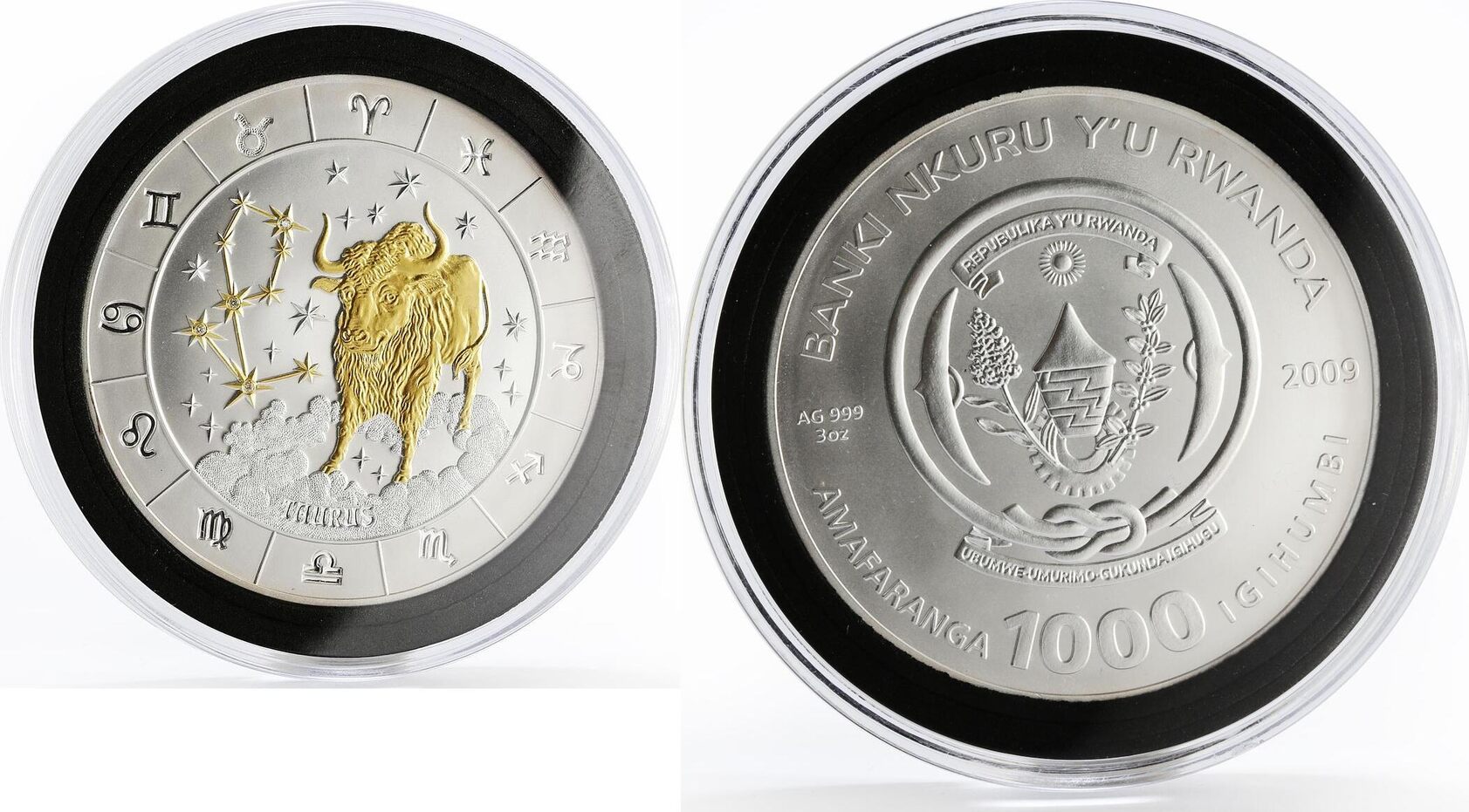 Rwanda 1000 francs Zodiac Taurus Bull Fauna Animals gilded silver coin ...