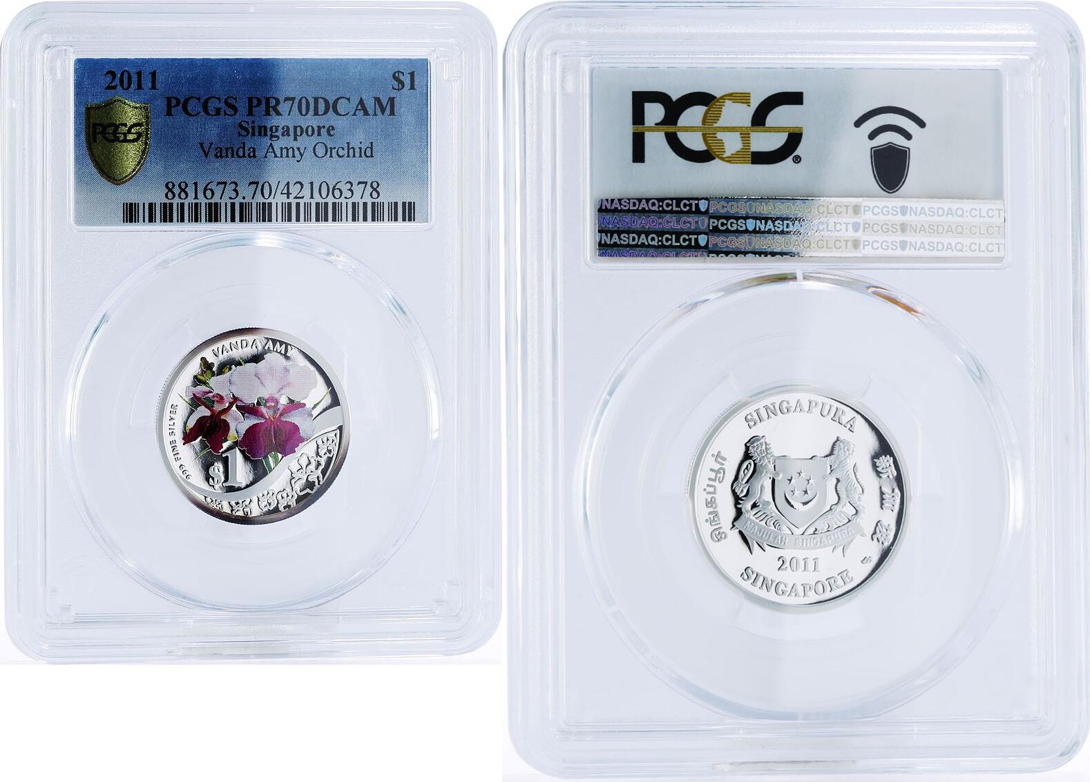 Singapore 1 dollar Vanda Amy Orchid Flora Flowers PR70 PCGS silver coin 2011 Proof | MA-Shops