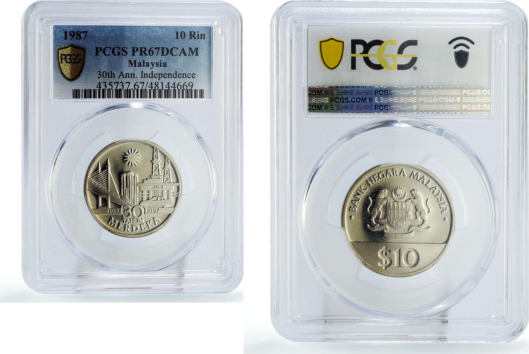 Malaysia 10 ringgit Independence 30th Anniversary PR67 PCGS silver coin ...