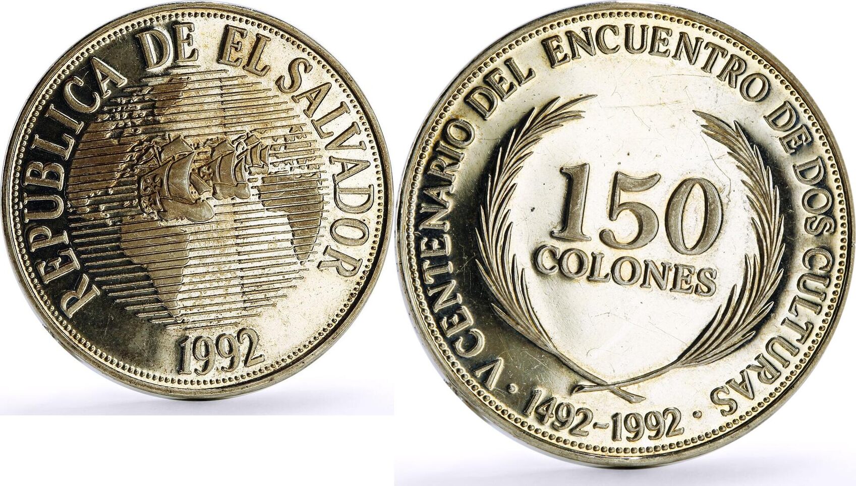 El Salvador 150 colones America Discovery Columbus Ships KM-160 silver ...