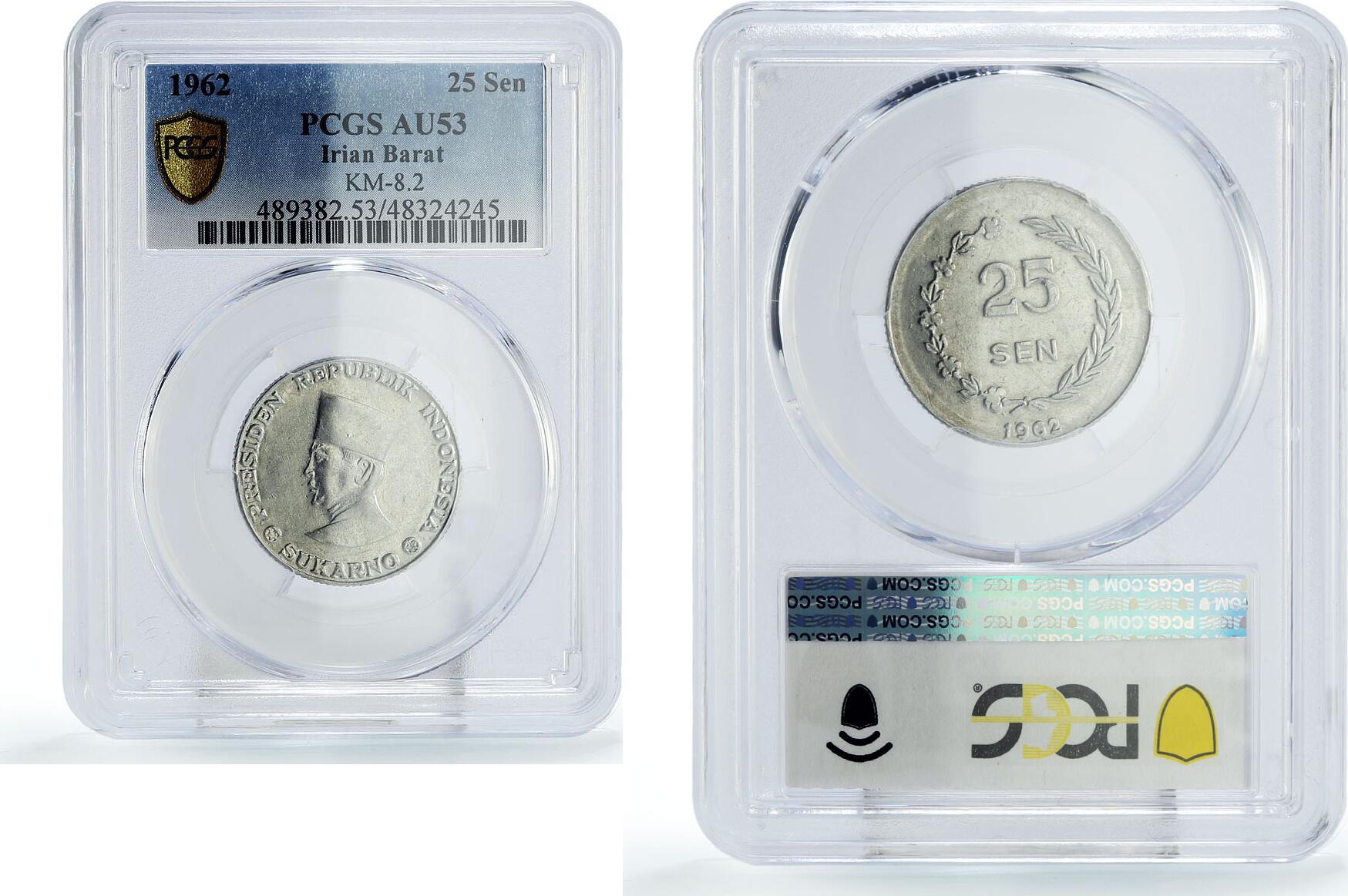Indonesia Irian Barat 25 sen President Sukarno KM-8.2 AU53 PCGS Al coin 1962 UNC | MA-Shops