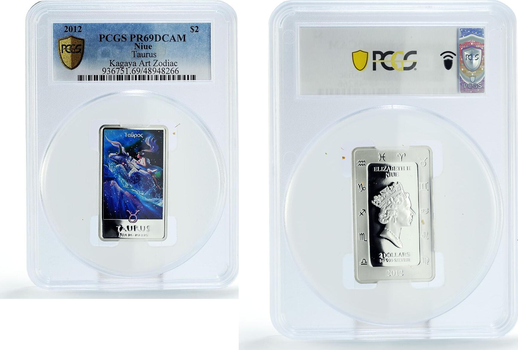 Niue 2 dollars Kagaya Art Zodiac Signs Taurus PR69 PCGS colored silver ...
