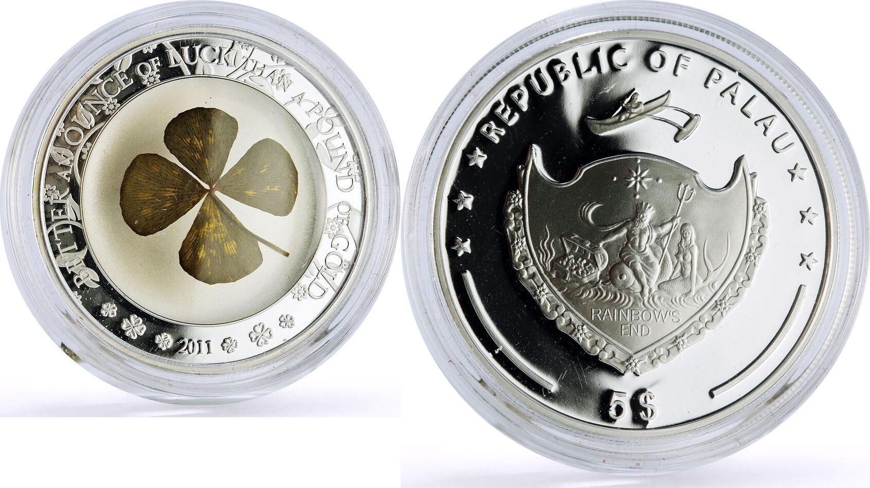 Palau 5 dollars Lucky Ounce Good Luck Clover Leaf colored proof silver ...