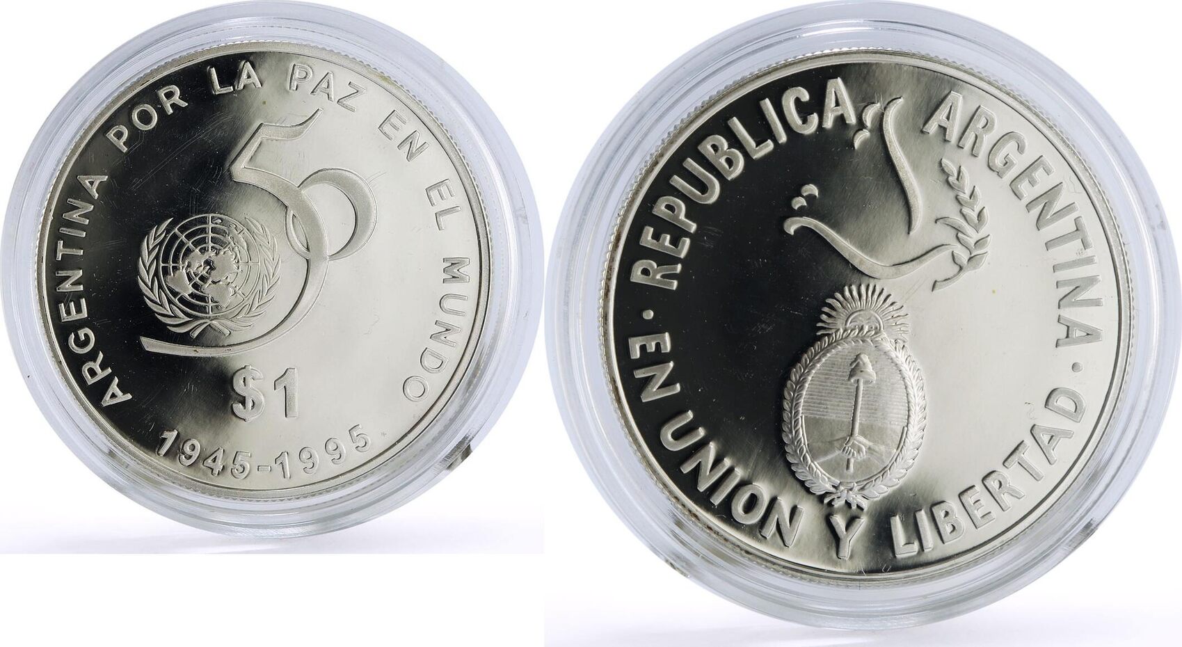 Argentina 1 peso United Nations UN Logo 50th Anniversary proof silver ...