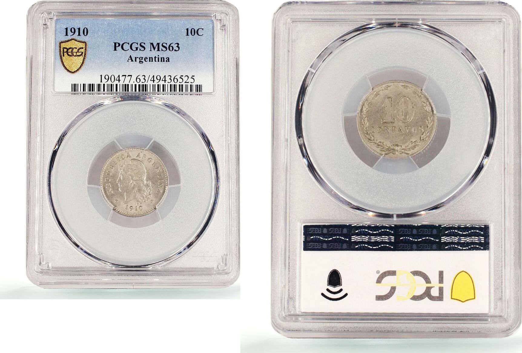 Argentina 10 centavos Regular Coinage Libertad Liberty MS63 PCGS CuNi coin 1910 UNC | MA-Shops
