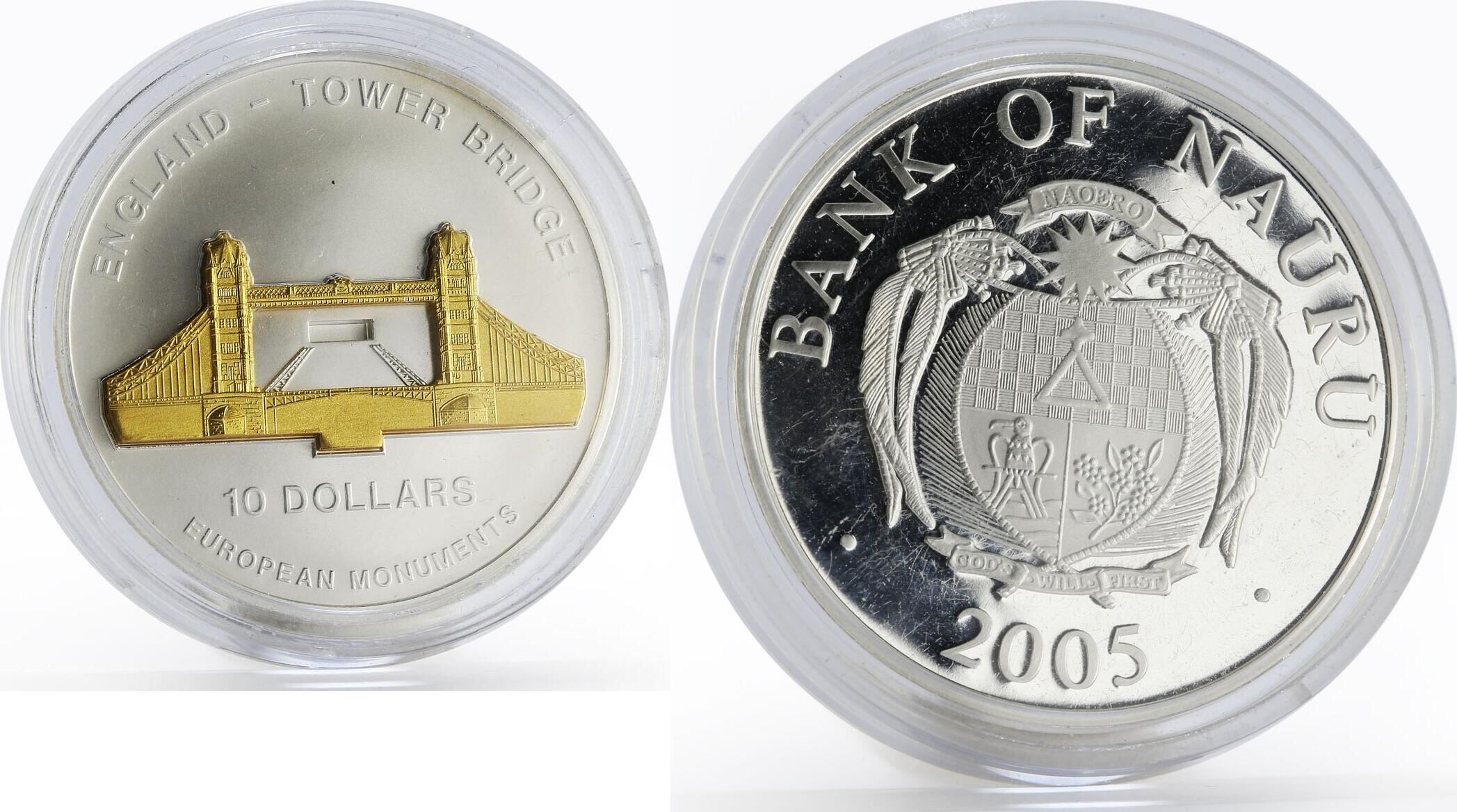 2004 Nauru 10 dollars England Tower Bridge silver gilded coin 2005 ...