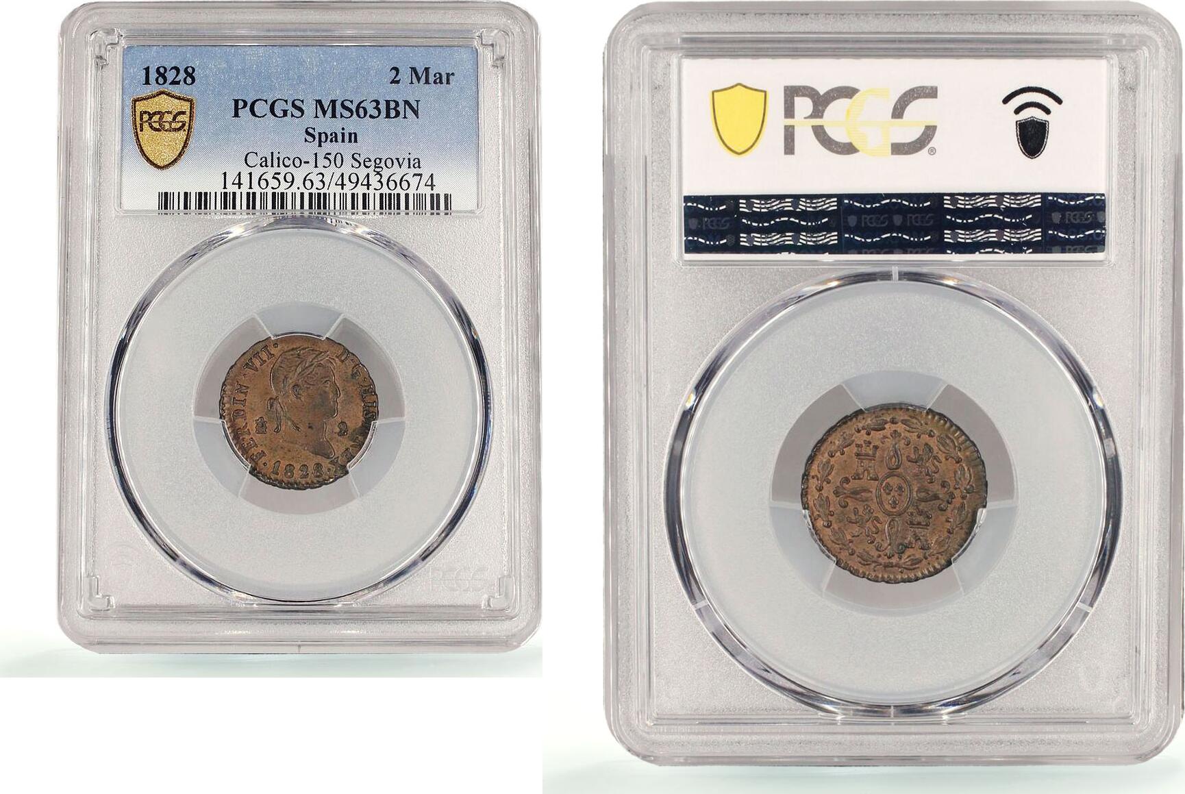 Spain 2 maravedis Fernando Ferdinand VII KM-487 MS63 PCGS copper coin ...