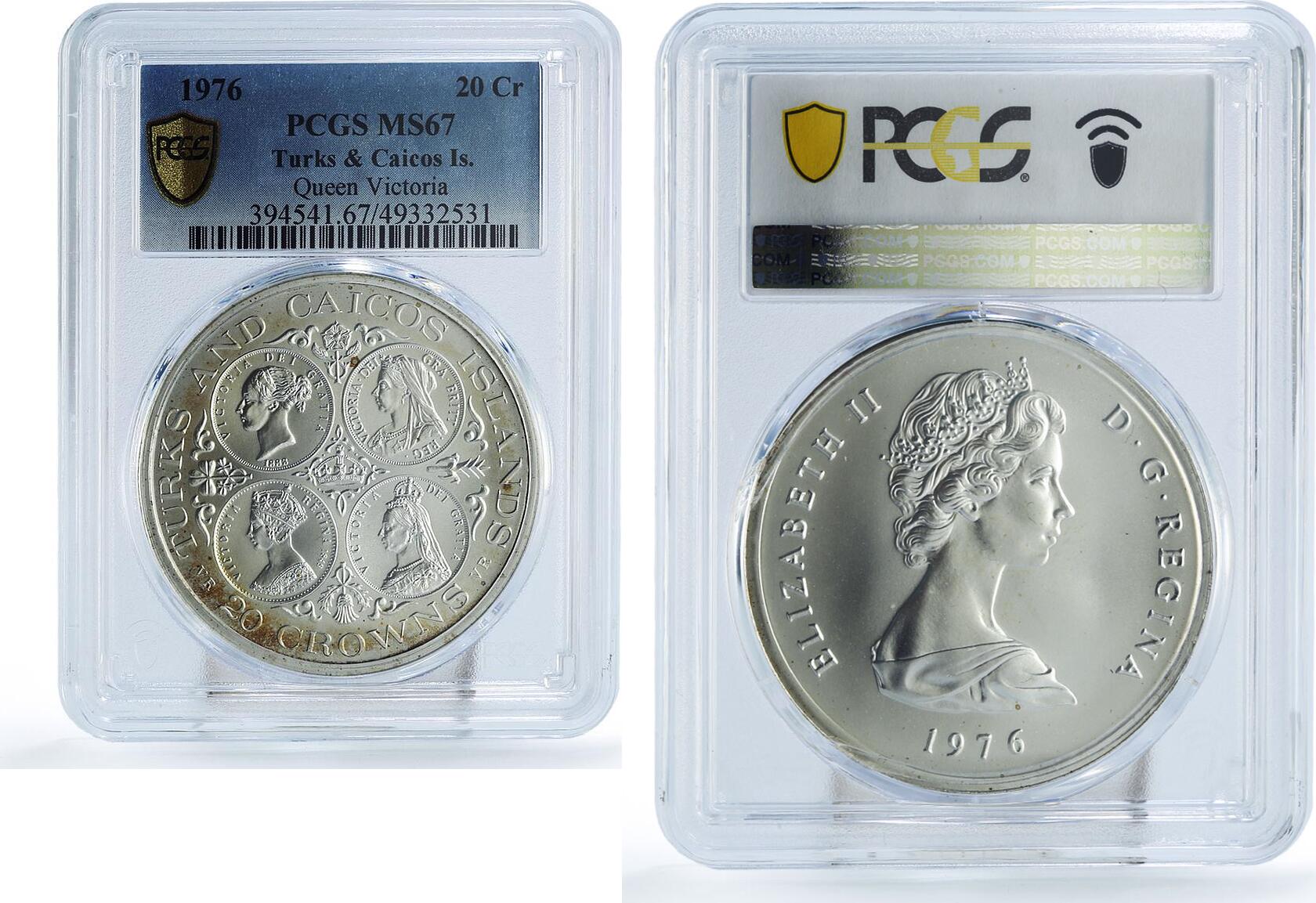 Turks and Caicos Islands 20 crowns Queen Victoria MS67 PCGS silver coin ...