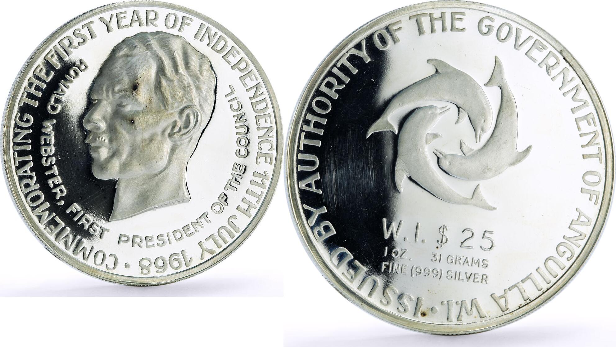 Anguilla 25 dollars Independence President Ronald Webster proof silver ...