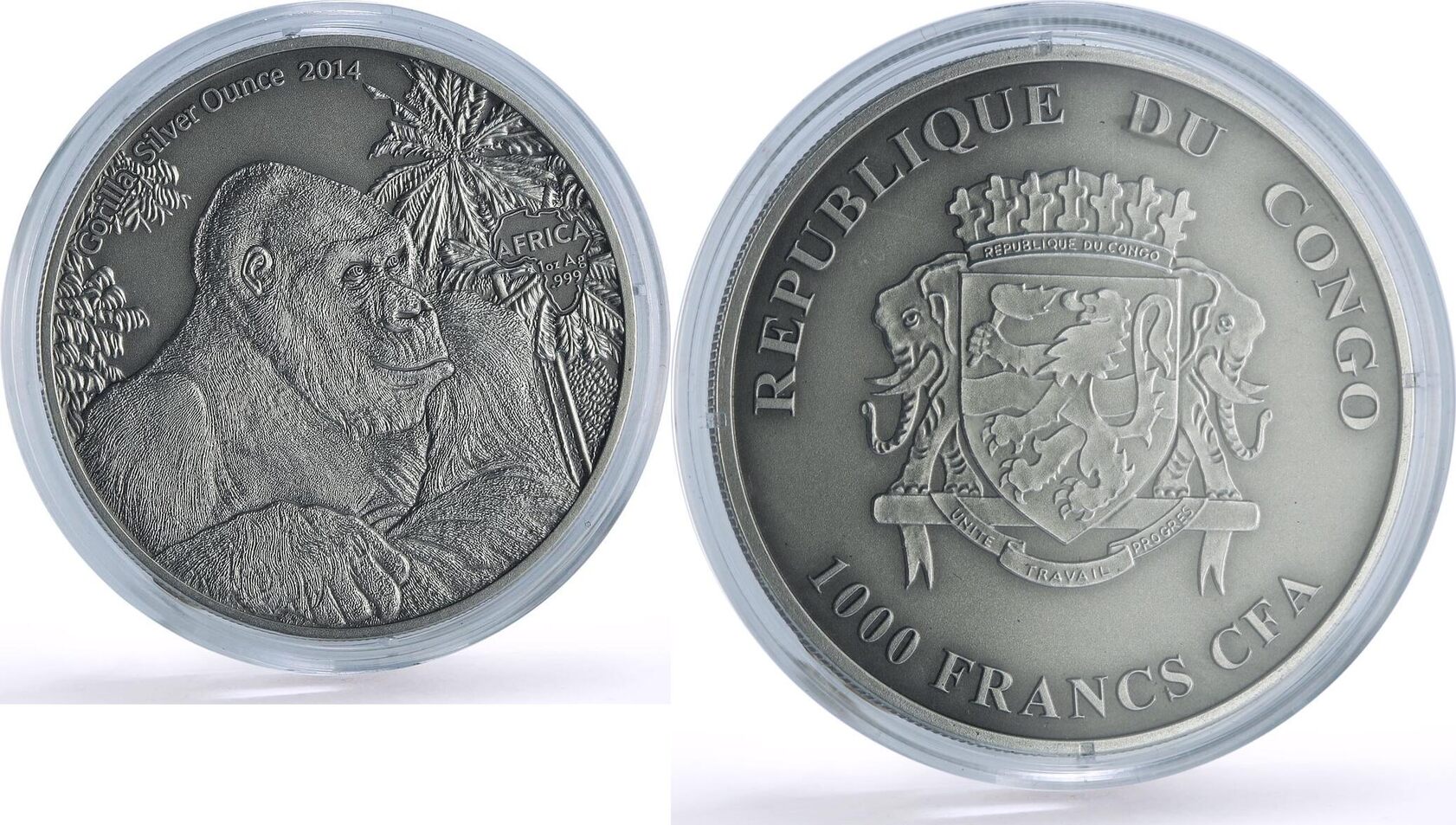 Congo 1000 francs African Ounce Wildlife Gorilla Monkey Fauna silver ...