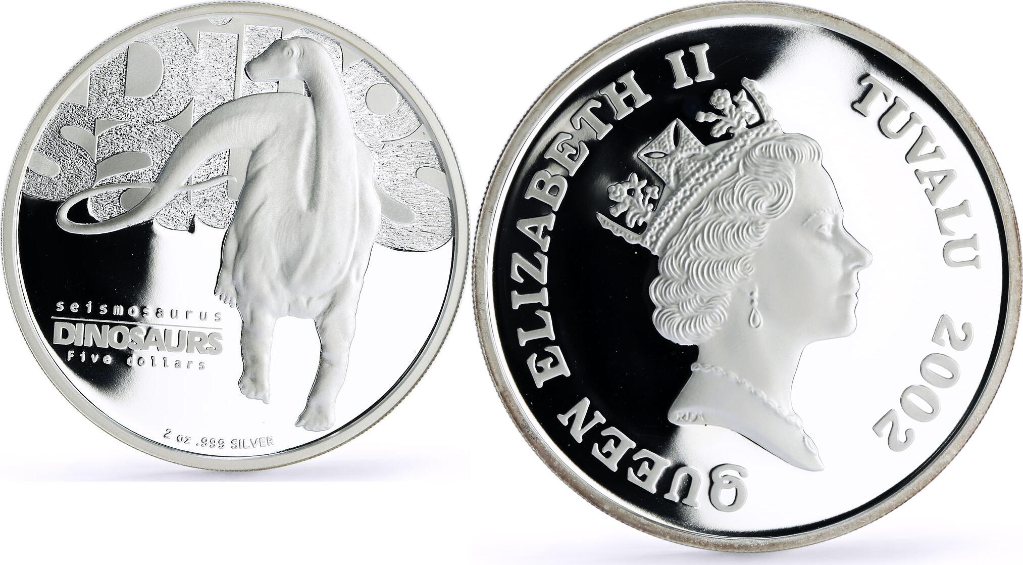 Tuvalu 5 dollars Prehistoric Fauna Seismosaurus Dinosaur proof silver ...