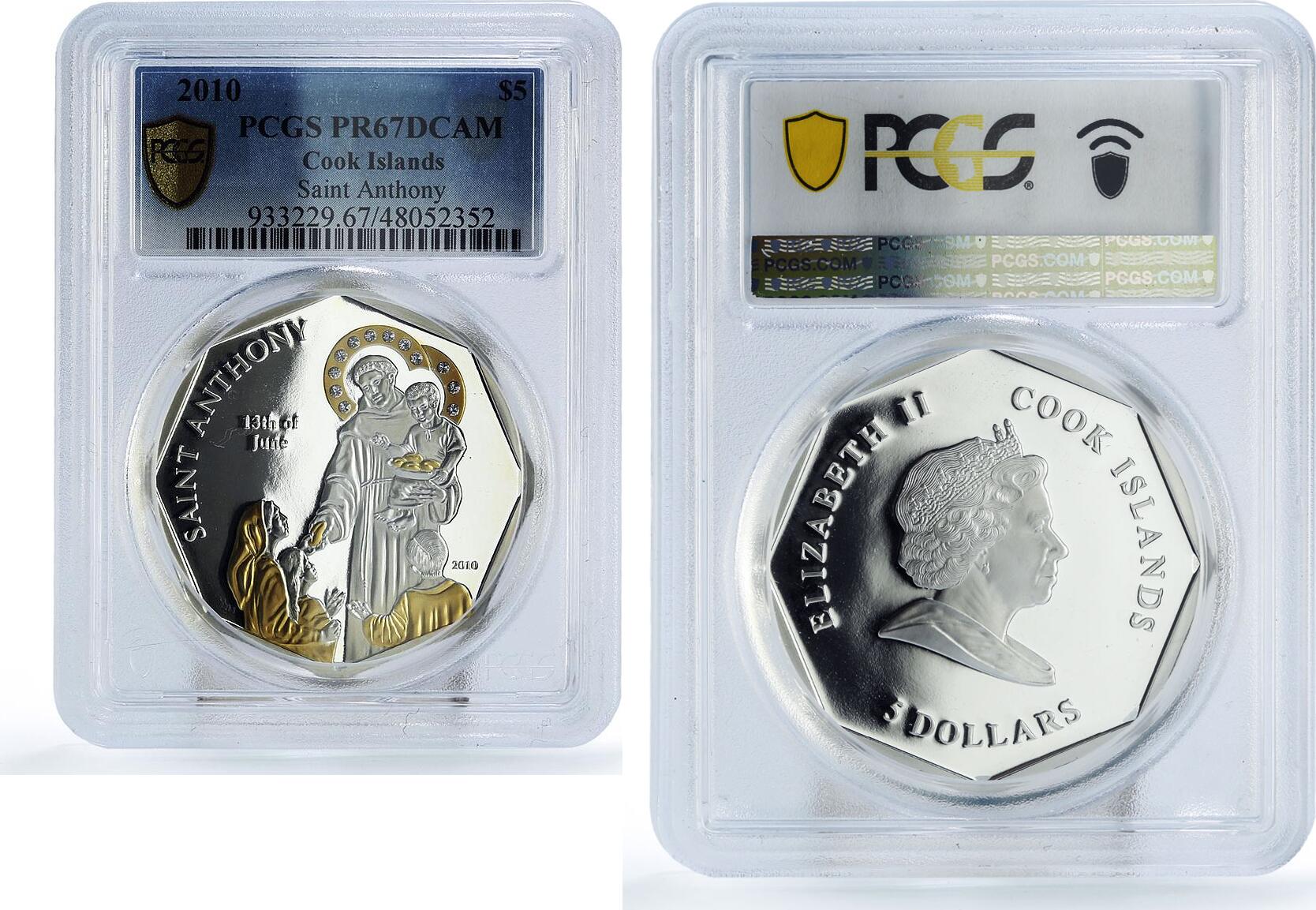 Cook Islands 5 dollars Saint Anthony Antonio Gilt PR67 PCGS silver coin ...
