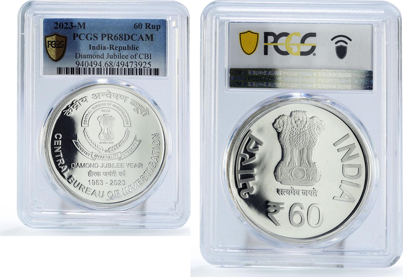 India 60 rupees Central Bureau of Investigation CBI PR68 PCGS silver ...