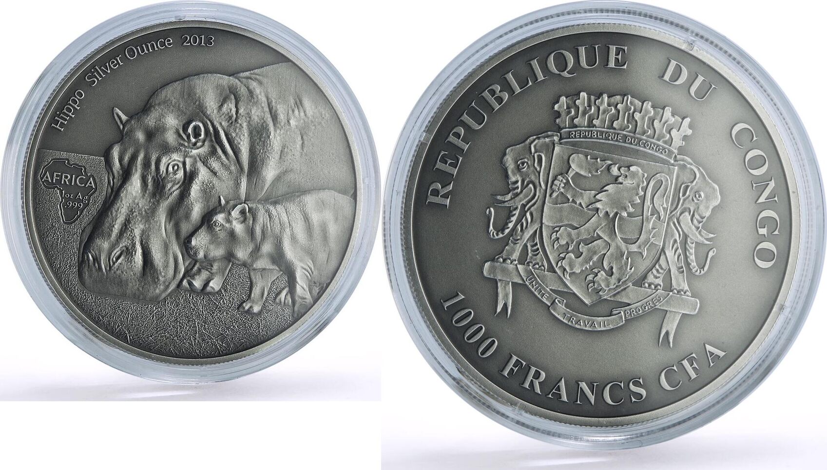 Congo 1000 francs African Wildlife Hippo Fauna silver coin 2013 Antique ...