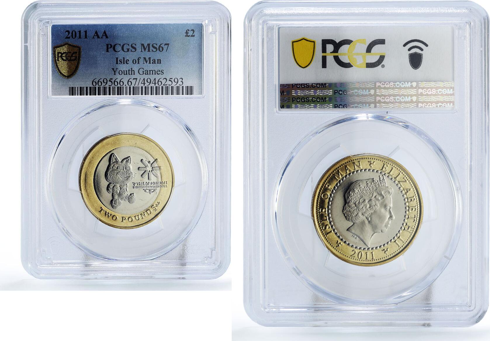 Isle of Man 2 pounds Youth Games Cat Tosha KM-1476 MS67 PCGS bimetal ...