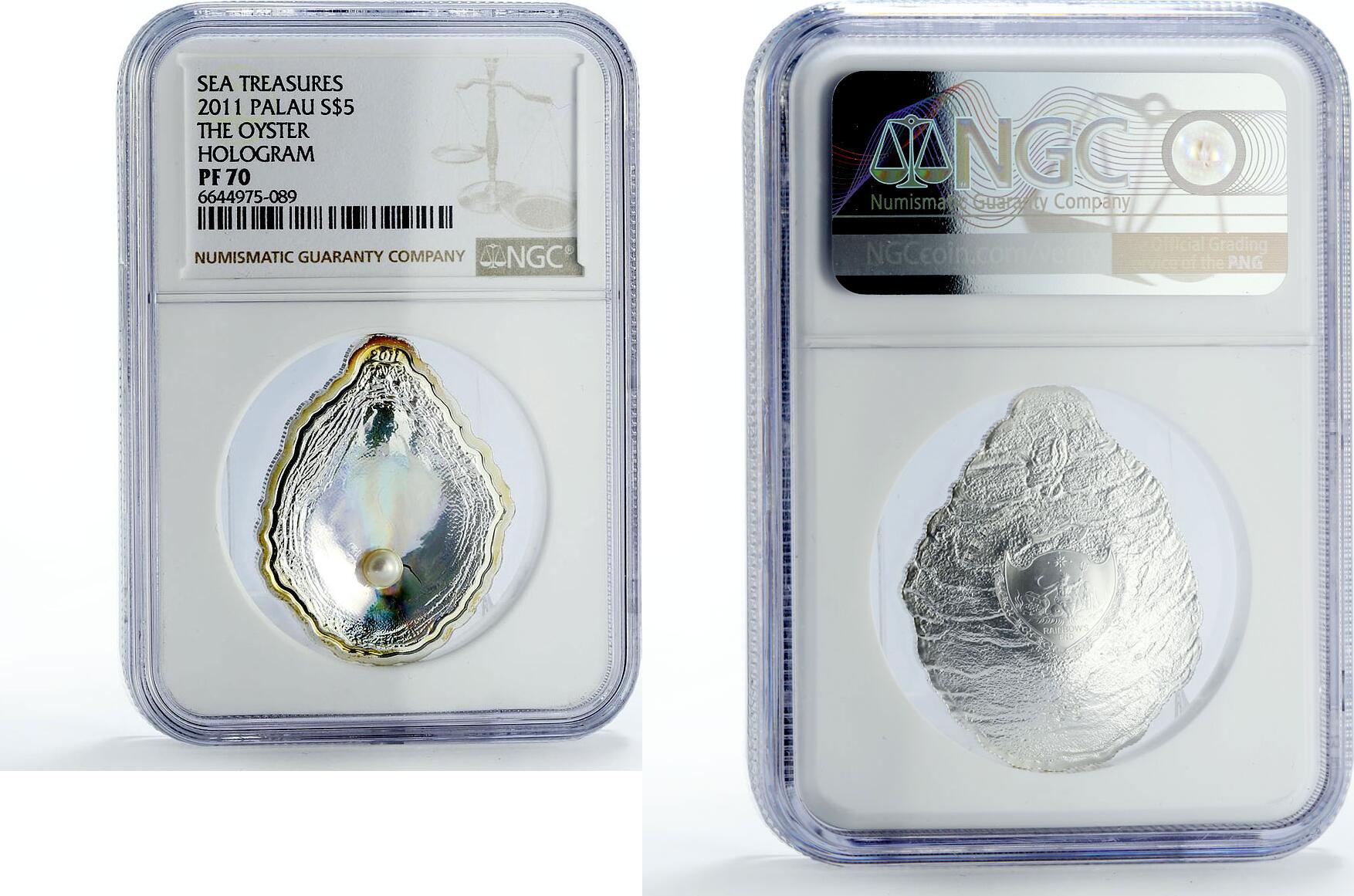 Palau 5 dollars Sea Treasures Marine Life Oyster Pearl PF70 NGC silver ...