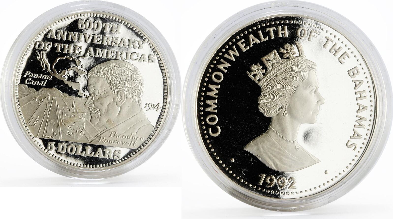 Bahamas 5 dollars 500 Years of America series Panama Canal silver coin ...