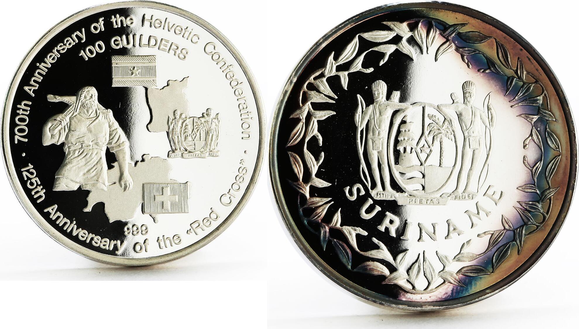 Suriname 100 guilders 125th Anniversary Red Cross proof silver coin ...