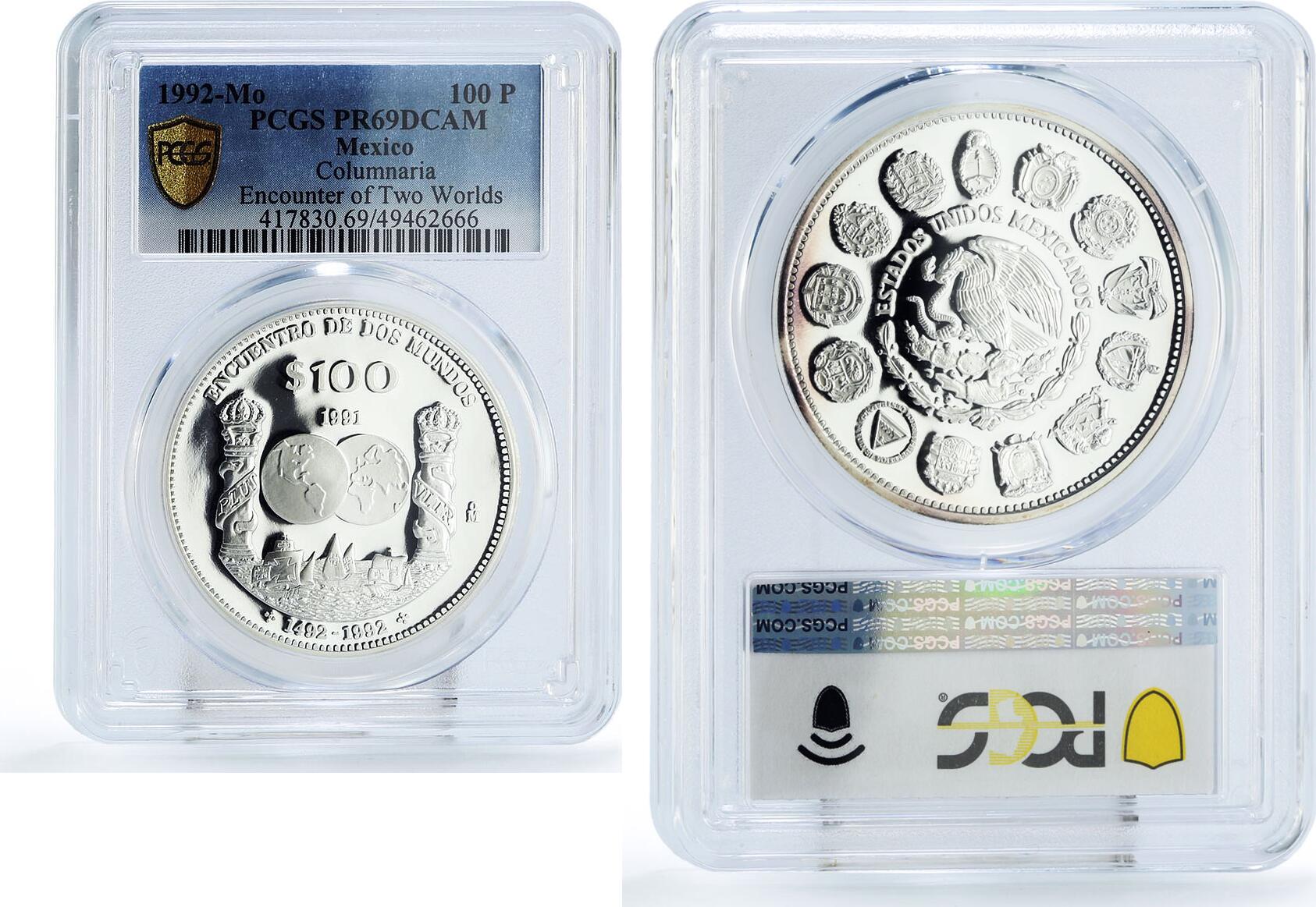 Mexico 100 pesos Two Worlds Encounter Ships Pillars PR69 PCGS silver ...