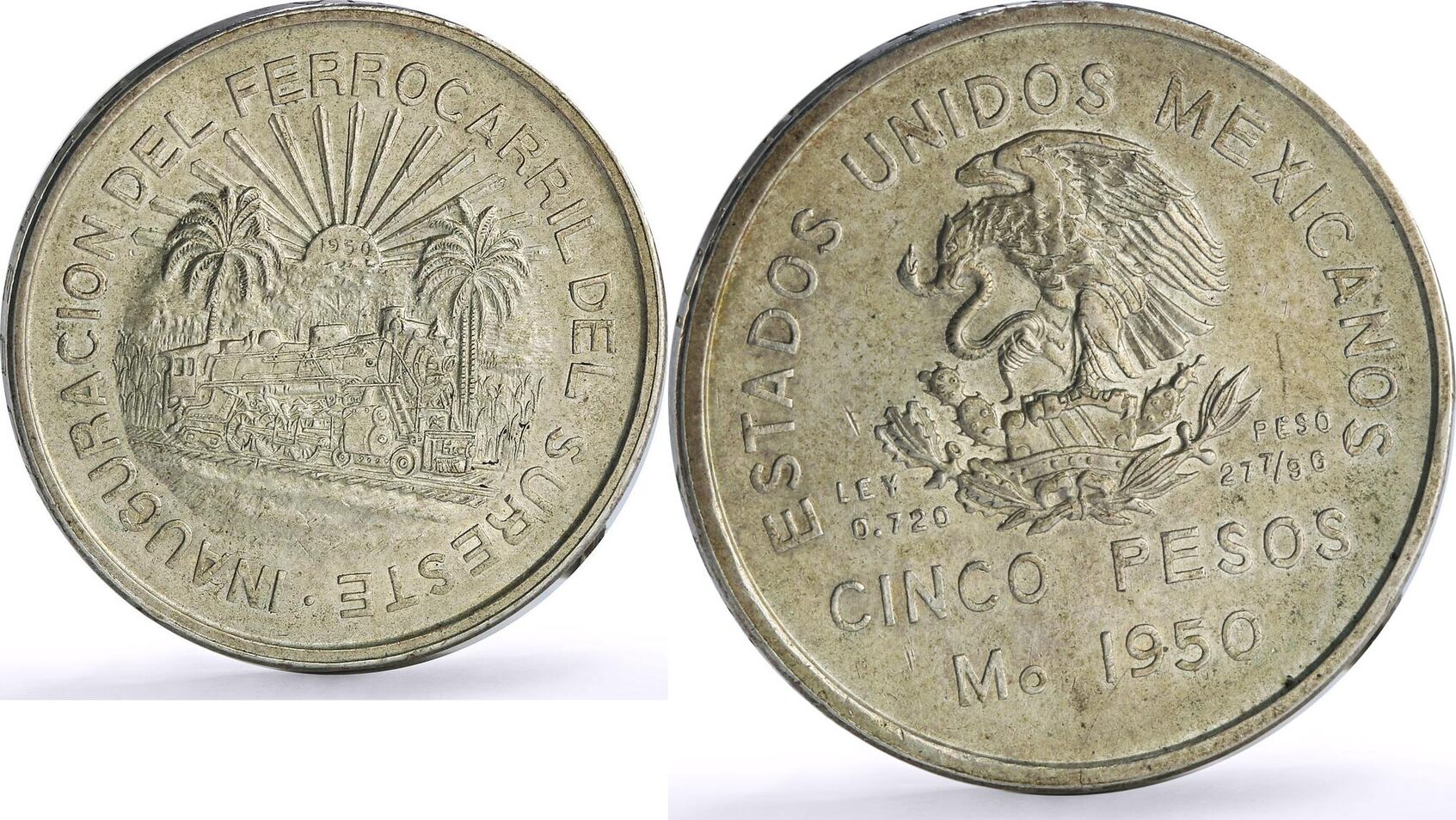 Mexico 5 pesos Southeastern Railroad Railway Opening Train silver coin ...