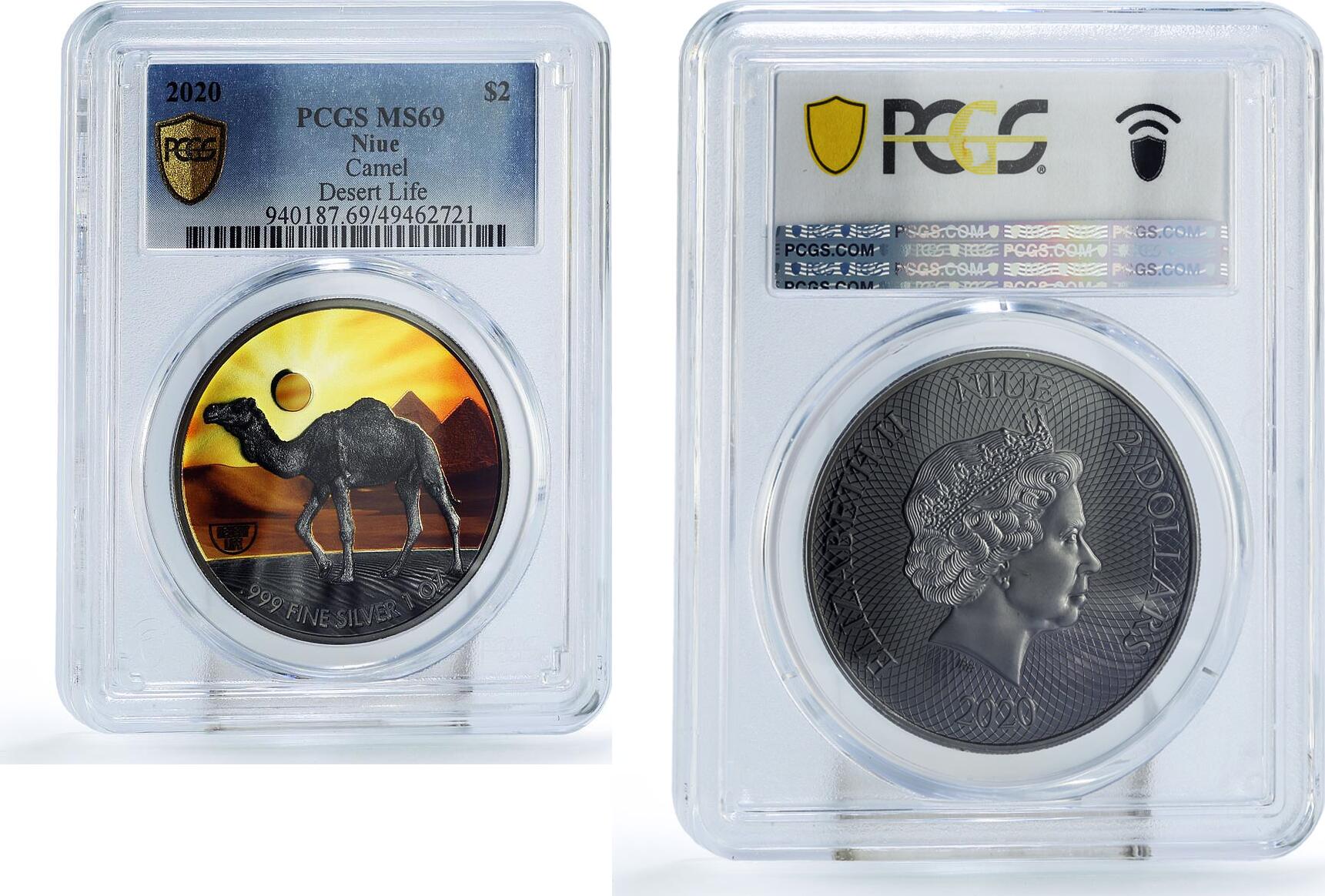 Niue 2 dollars Conservation Desert Life Camel Fauna MS69 PCGS silver ...