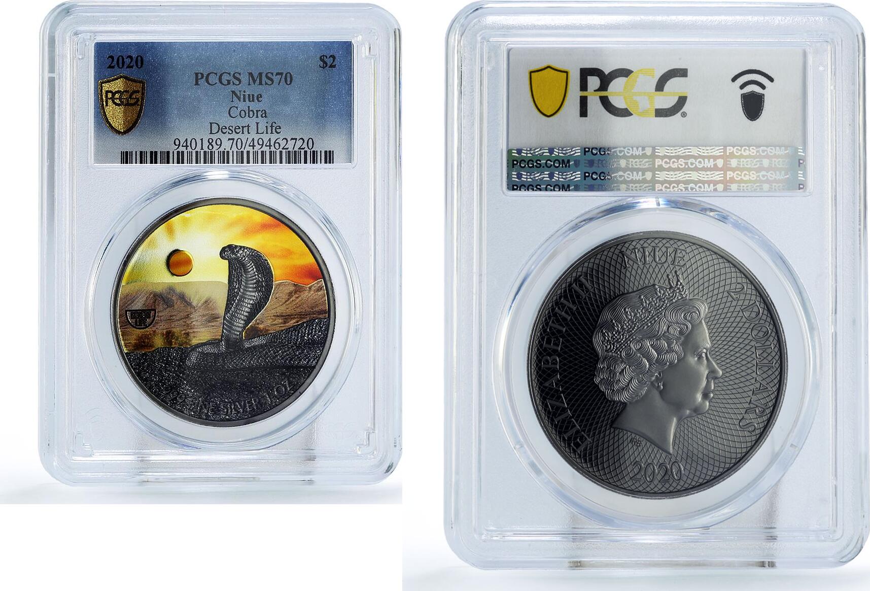 Niue 2 dollars Conservation Desert Life Cobra Snake MS70 PCGS silver ...