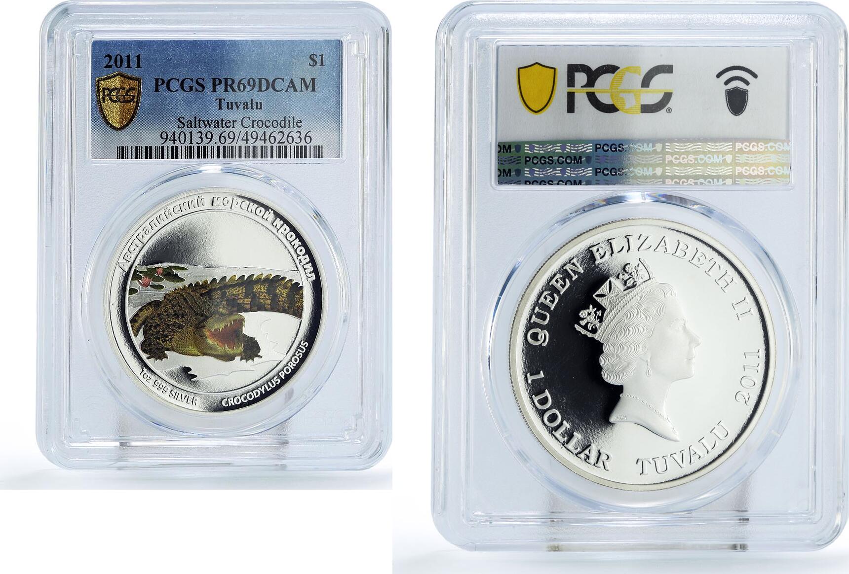 Tuvalu 1 dollar Conservation Wildlife Crocodile Fauna PR69 PCGS silver ...