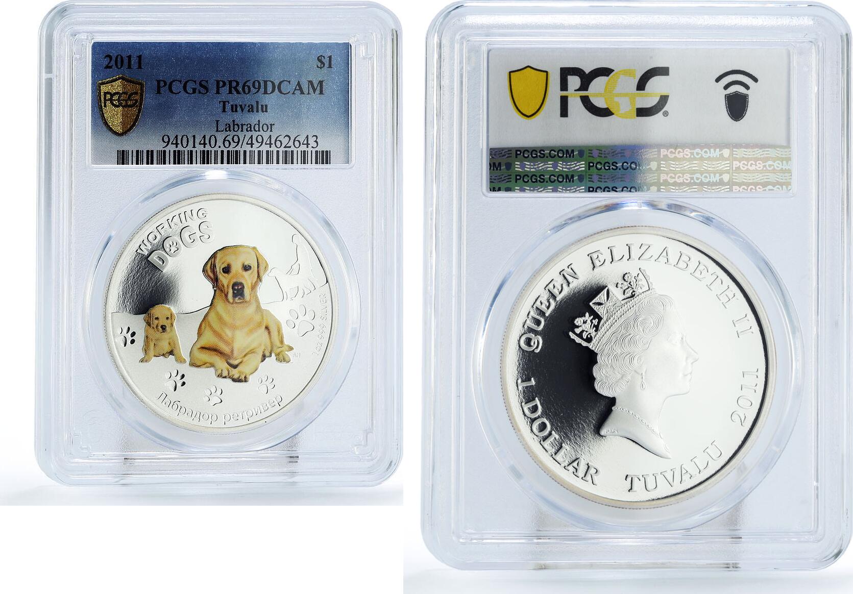 Tuvalu 1 dollar Working Dogs Animals Labrador Walking PR69 PCGS silver ...
