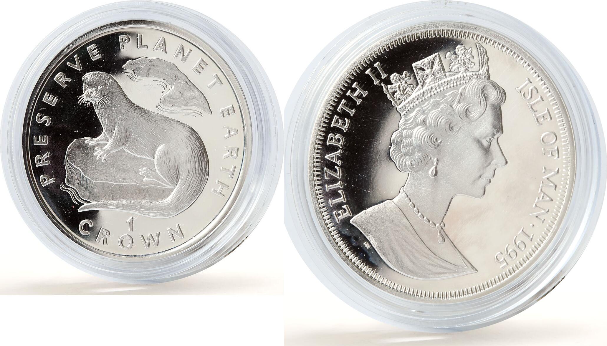 Isle of Man 1 crown Preserve Planet Earth Otter Fauna proof silver coin ...