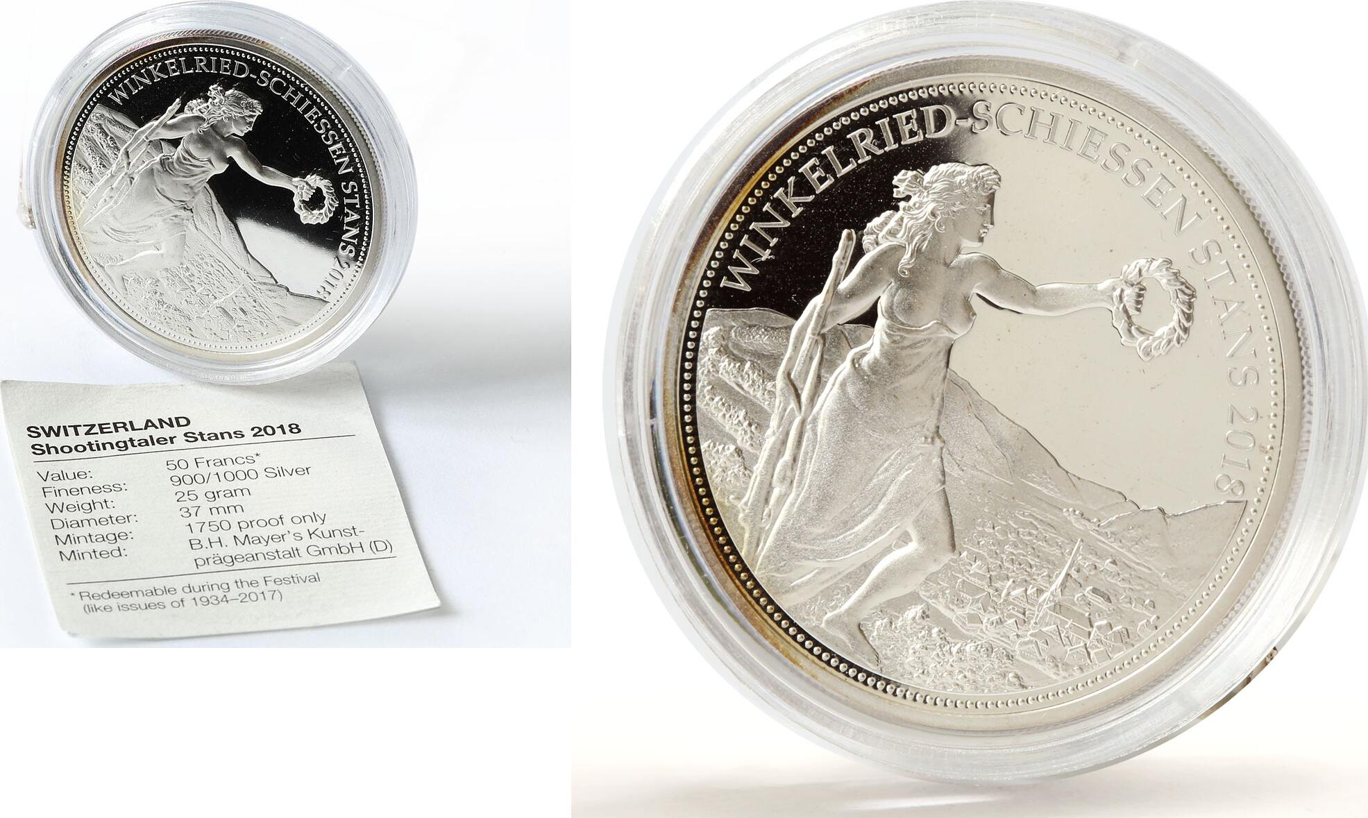 Switzerland 50 francs Stans Shooting Festival Thaler proof silver coin ...