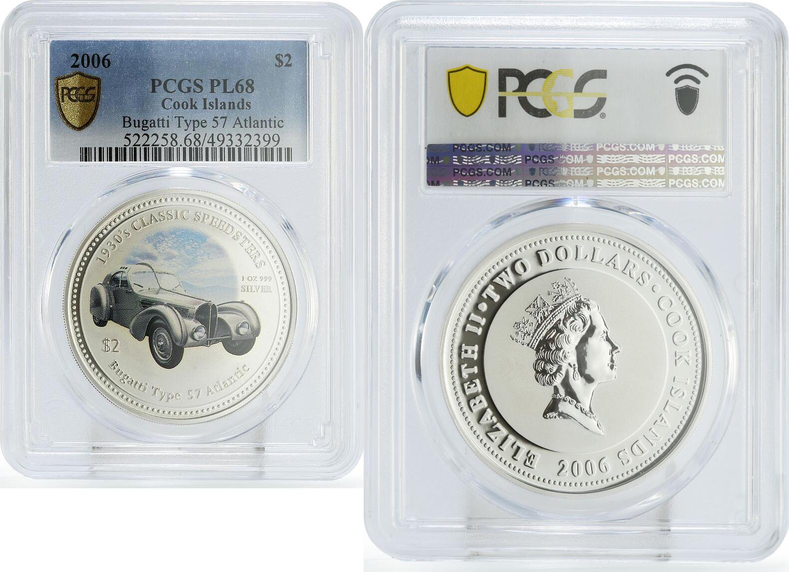 Cook Islands 2 dollars Classic Cars Speedster Bugatti 57 PL68 PCGS ...