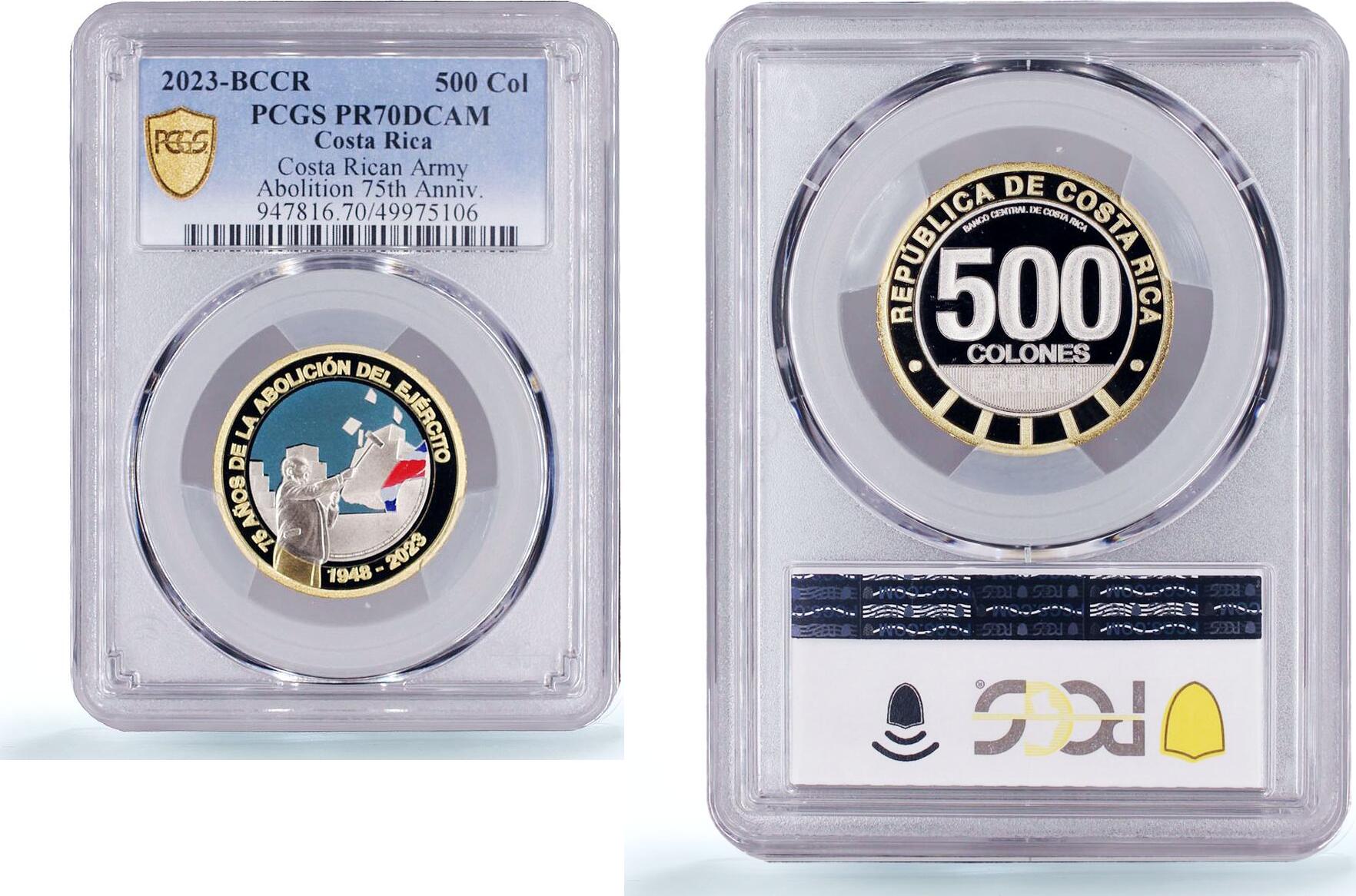 Costa Rica 500 colones Army Abolition Politics Color PR70 PCGS bimetal ...