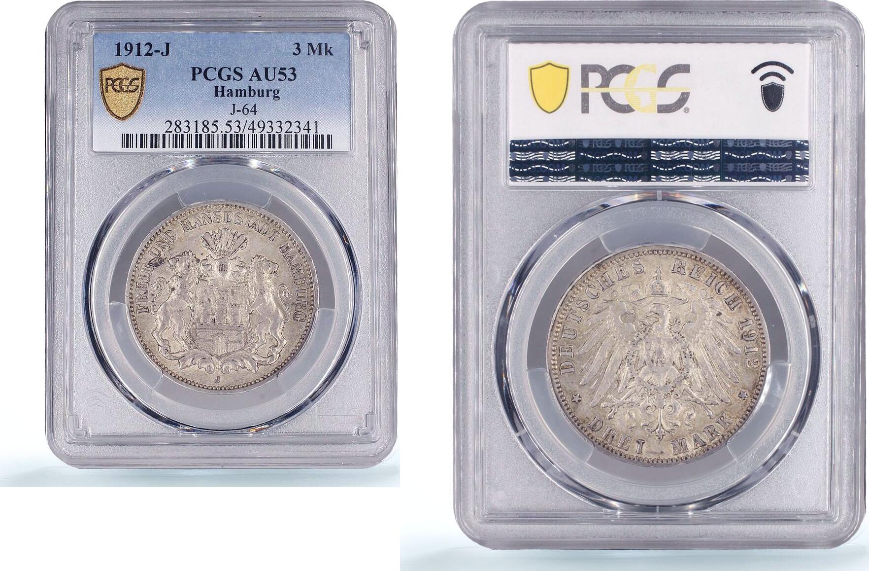 Germany Hamburg 3 mark Regular Coinage Hanseatic City AU53 PCGS silver ...