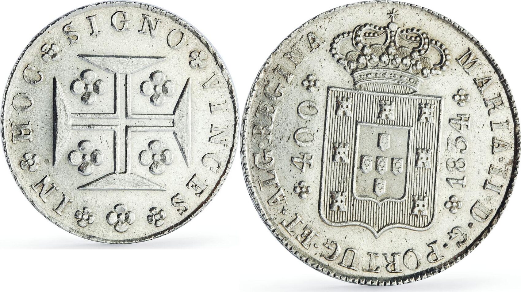 Portugal 400 reis Queen Maria II Coinage Cruzado KM-403.2 silver coin ...