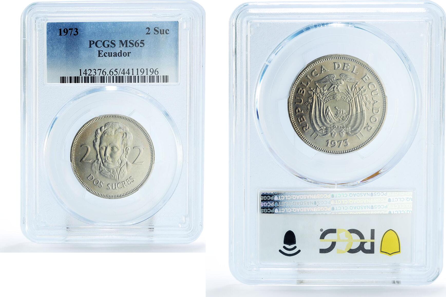 Ecuador 2 sucre Non Circulating Destroyed Mintage KM-82 MS65 PCGS CuNi coin 1973 UNC | MA-Shops
