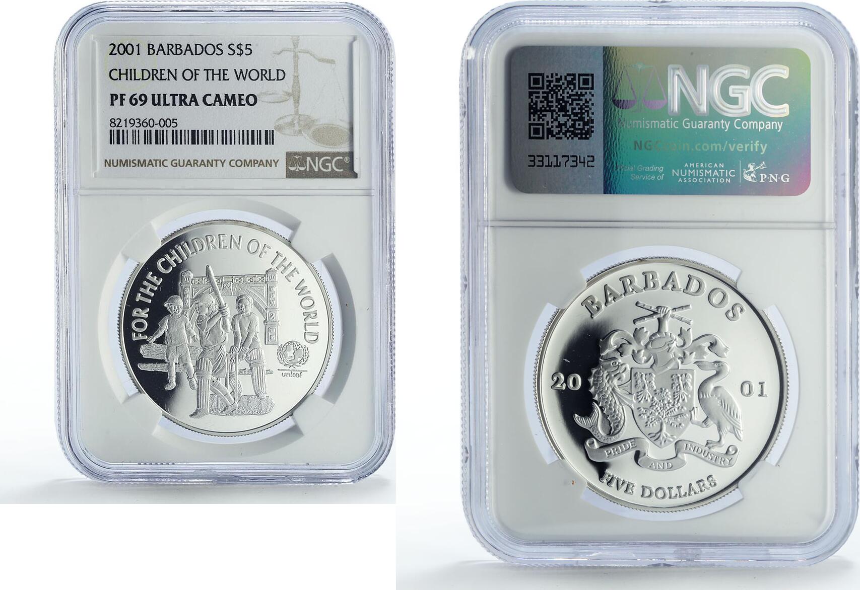 Barbados 5 dollars UNICEF Save the Children Child Year PF69 NGC silver ...