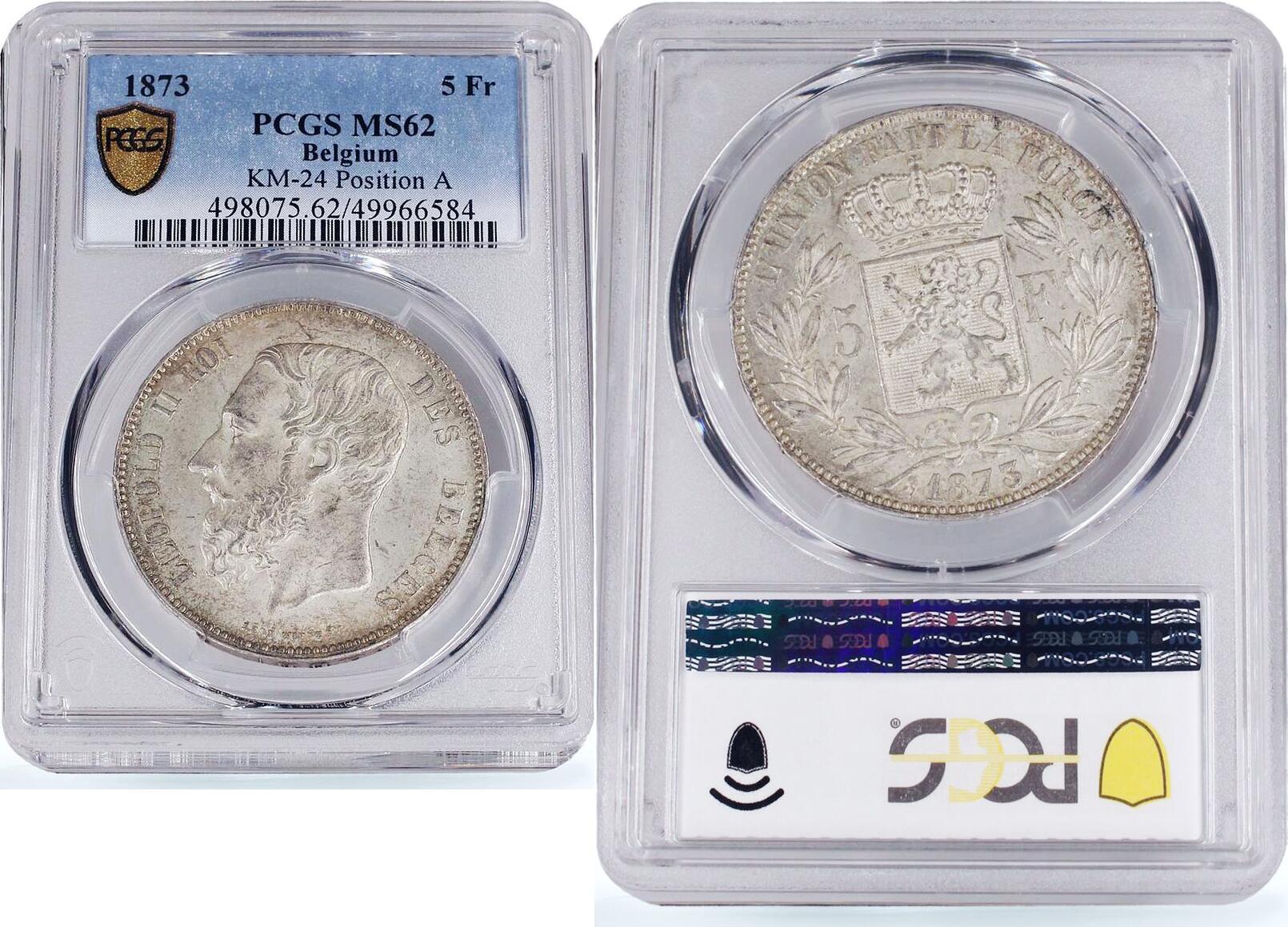 Belgium 5 francs Leopold II Coinage Position A KM-24 MS62 PCGS silver ...