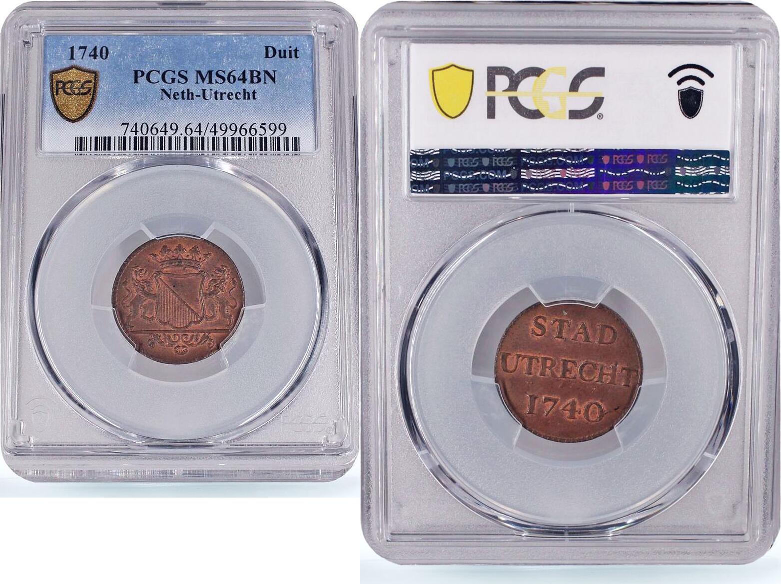 Netherlands Utrecht 1 duit Two Lions Arms KM-91 MS64 PCGS copper coin ...