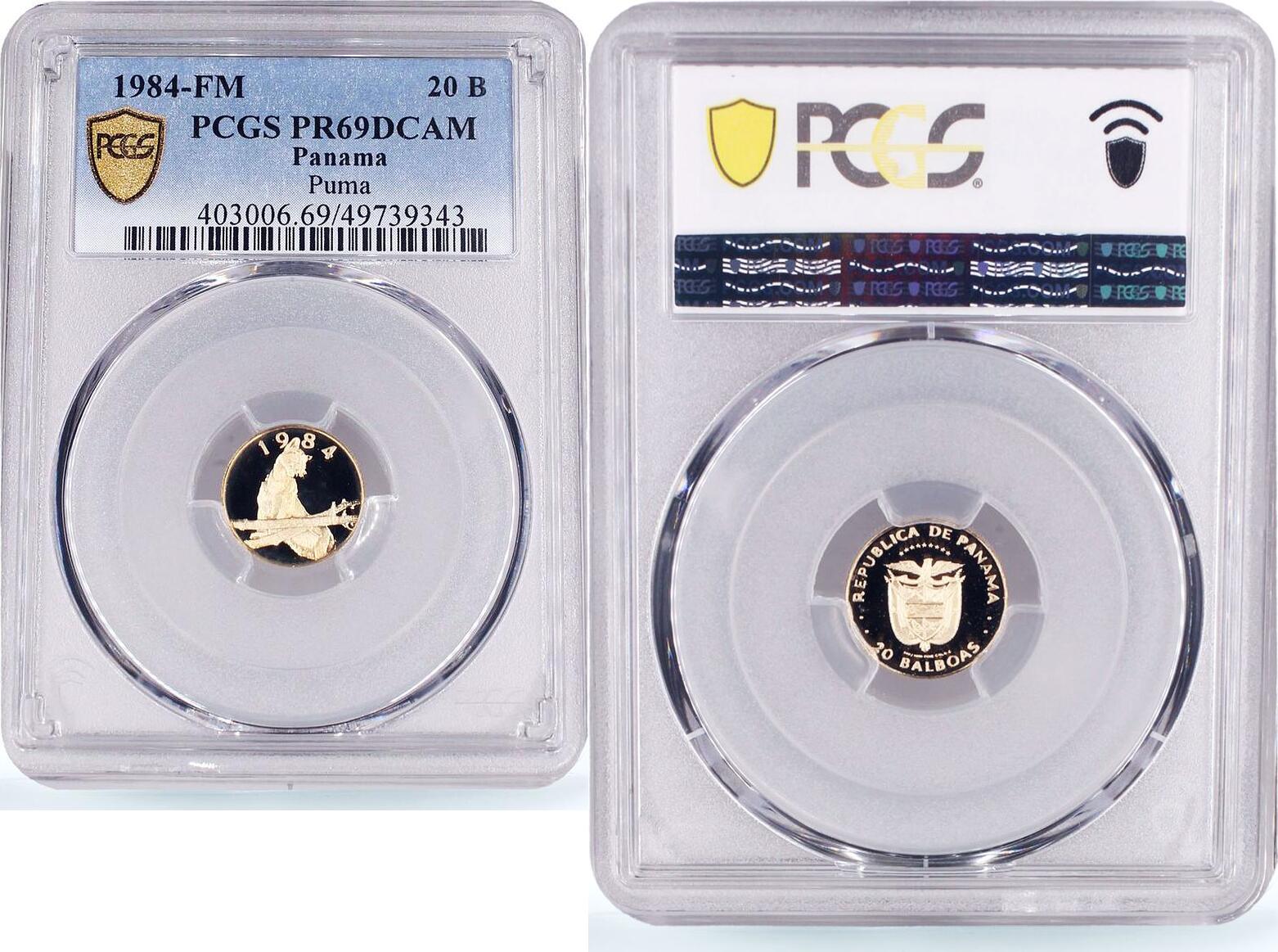 Panama 20 balboas Conservation Wildlife Puma Cat Fauna PR69 PCGS gold ...