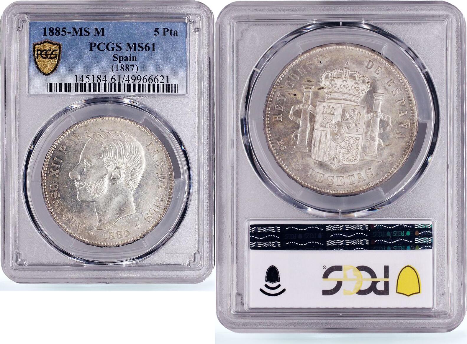 Spain 5 pesetas King Alfonso XII Coinage KM-688 MS61 PCGS silver coin ...