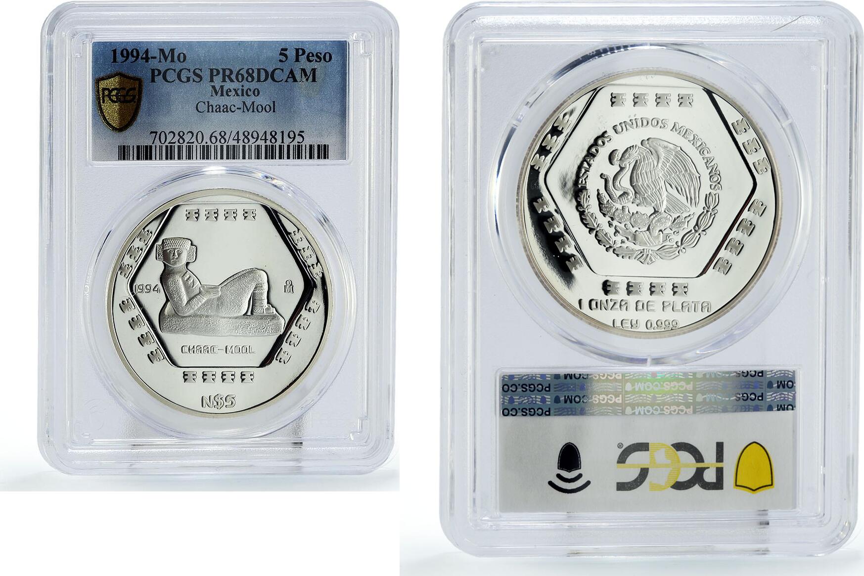 Mexico 5 pesos Precolombina Chaac Mool Sculpture PR68 PCGS silver coin ...