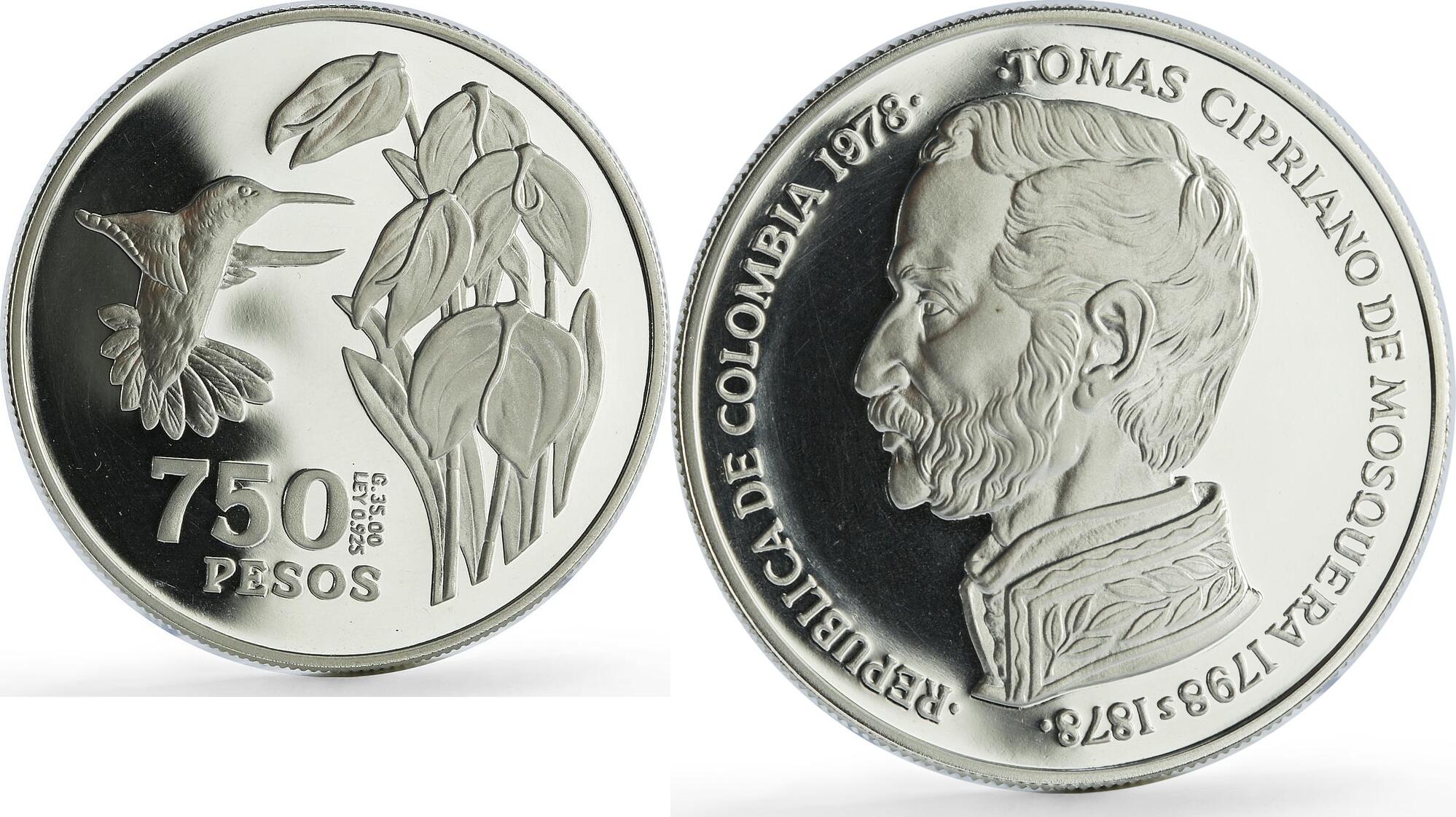 Colombia 750 pesos Conservation Wildlife Hummingbird Fauna proof silver ...