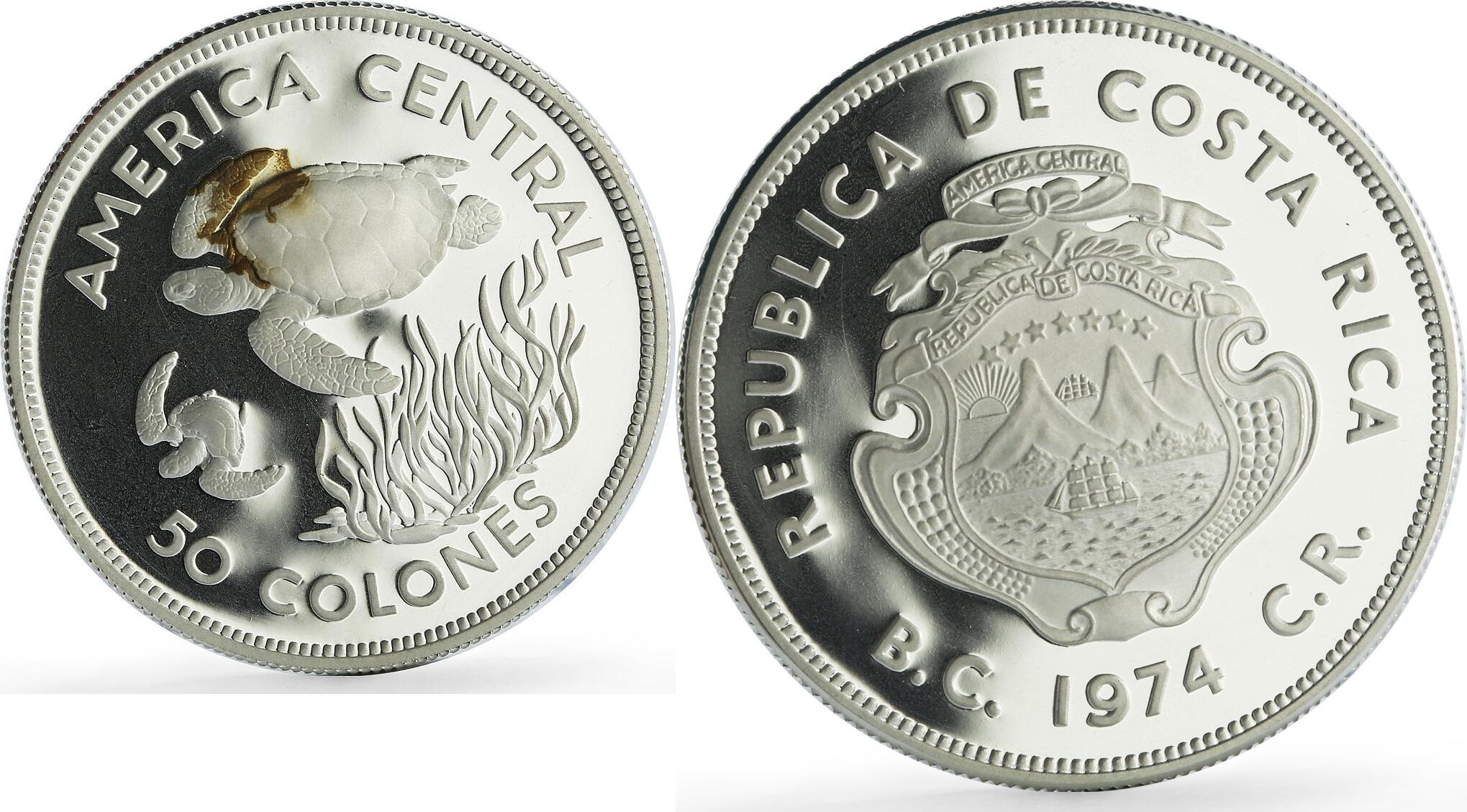 Costa Rica 50 colones Conservation Wildlife Turtle Fauna proof silver ...