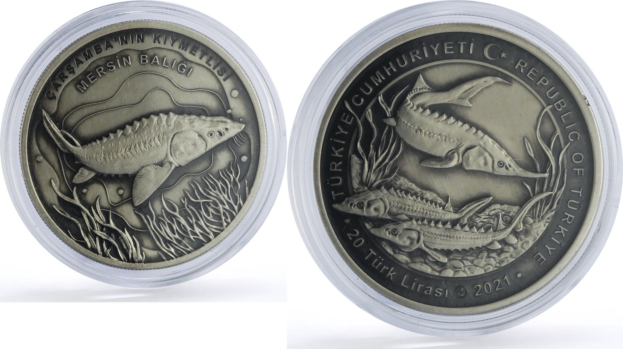Turkey 20 lira Conservation Wildlife Sturgeon Fish Fauna silver coin ...