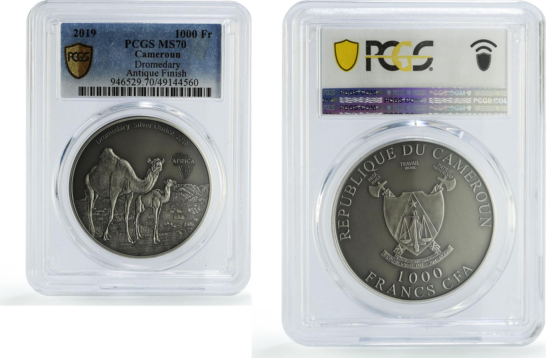 Cameroon 1000 francs African Ounce Wildlife Camels MS70 PCGS silver ...