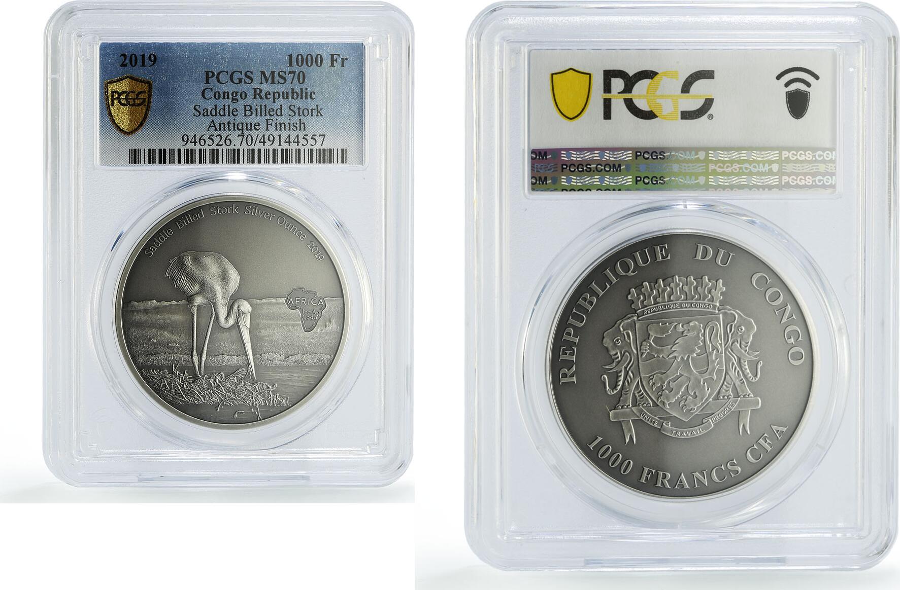 Congo 1000 francs African Ounce Wildlife Stork Bird SP70 PCGS silver ...